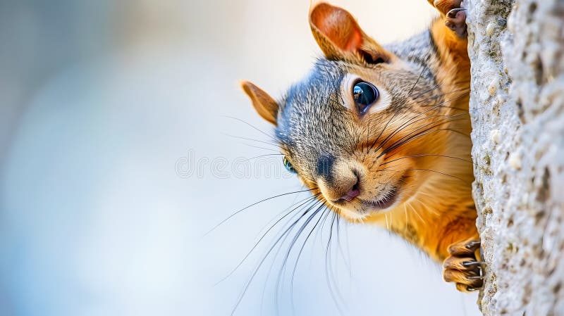 A Gray Squirrel Sciurus Cautiously and Curiously Peeks Its Head Around ...