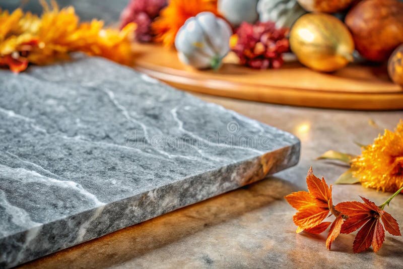 Gray Stone Cutting Board, Autumnal Display, Kitchen Countertop Stock ...