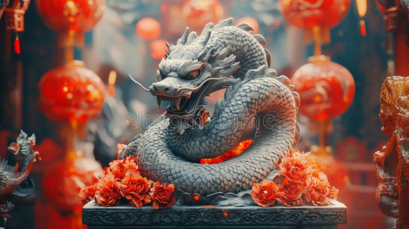 Gray Stone Dragon Statue Amidst Red Lanterns Stock Illustration ...