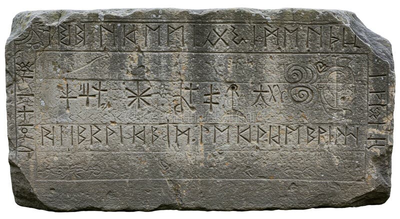 Gray Stone Tablet Engraved with Runic Inscriptions and Ancient Symbols ...