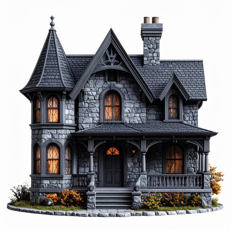 Gray Stone Victorian House with Autumn Plants Stock Illustration ...