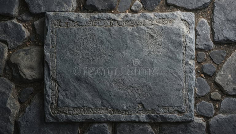 Gray Stone Wall Features Square Plaque with Rough Surface. Rectangular ...