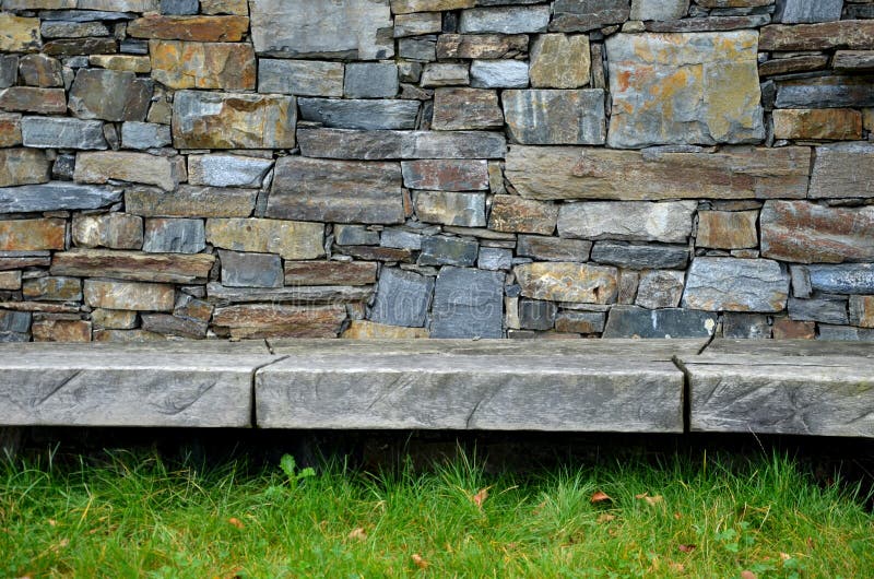 Gray Stone Wall with Solid Wood Bench Folded without Cement and ...