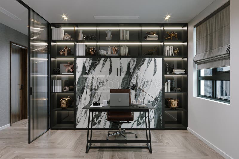 Gray Study Corner Interior with Wall Shelves, Table, and Chair, and ...