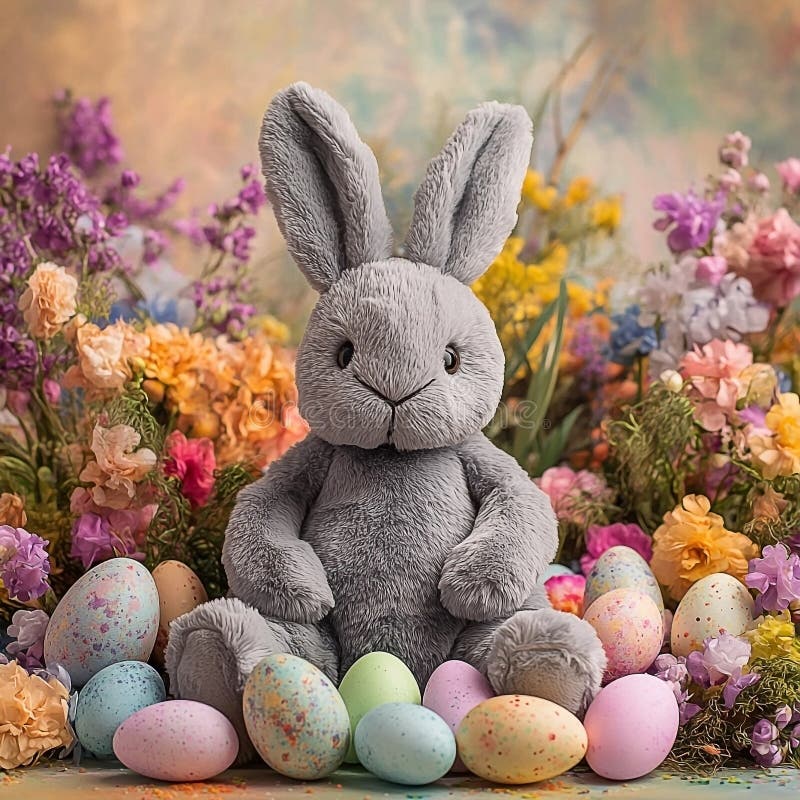 Gray Stuffed Rabbit Sitting among Colorful Easter Eggs and Spring ...