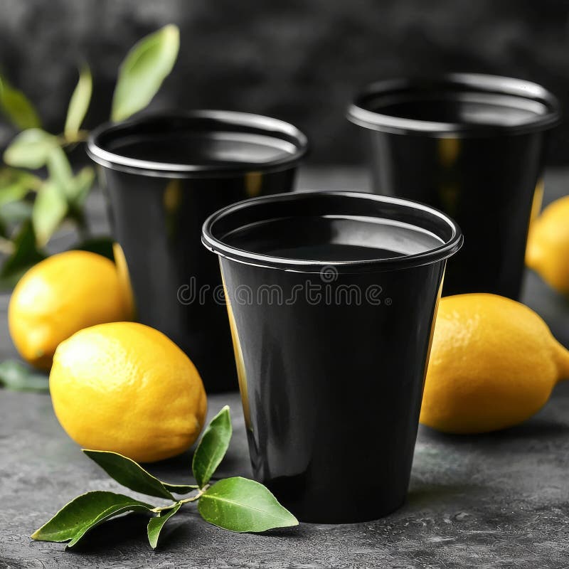 On a Gray Surface, Two Black Plastic Cups are Adorned with Olives and a ...