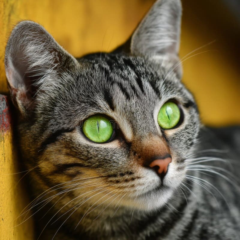 Gray Tabby Cat with Bright Green Eyes Close Up Portrait Stock ...