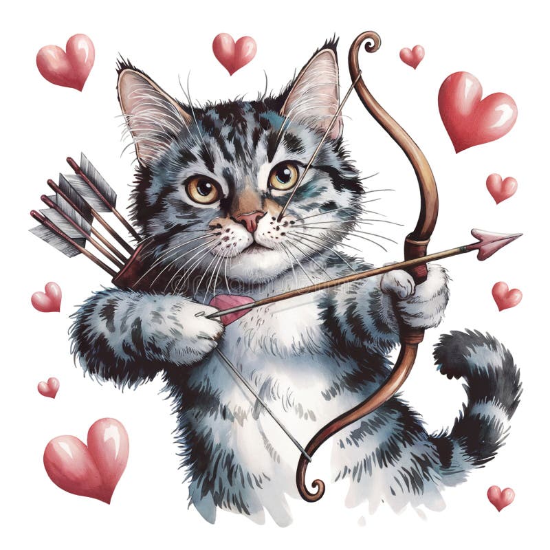 Gray Tabby Cat Holds a Bow and Arrow, Surrounded by Floating Pink ...
