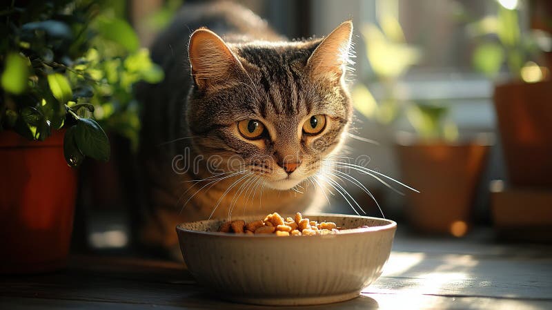 A Gray Tabby Cat Intently Eats Kibble from a Bowl in Sunlit Room Stock ...