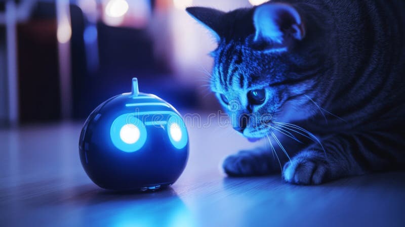 Gray Tabby Cat Observing a Glowing Blue Robot Toy at Night Stock ...