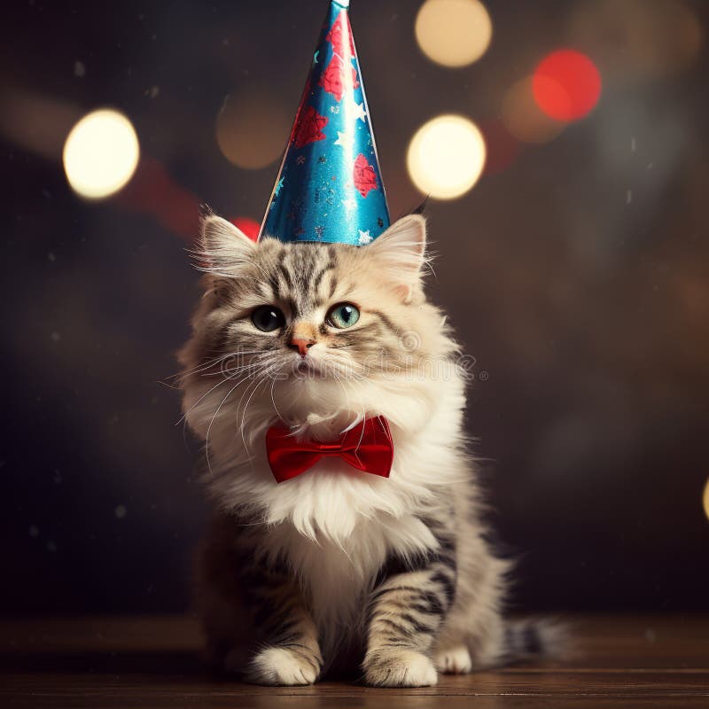 Gray Tabby Cat with Party Hat Celebrates Its Birthday Stock ...