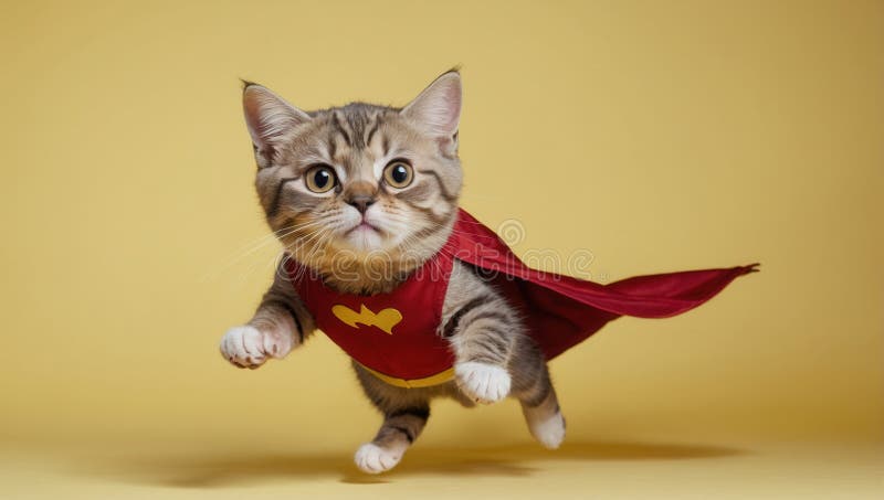 Gray Tabby Kitten Running with Red Superman Cape Stock Illustration ...