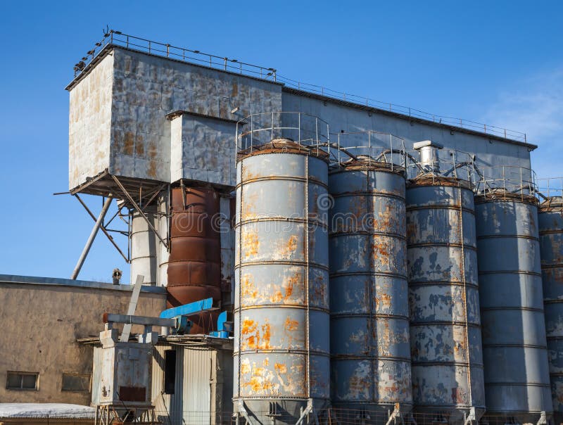Gray Tall Tanks on Old Concrete Factory Stock Photo - Image of ...