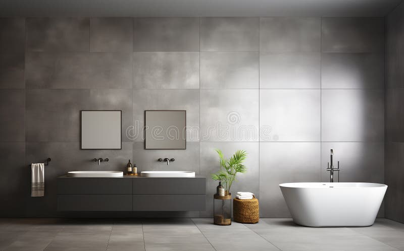 Gray Tile Bathroom Interior with Tub and Double Sink on Empty Space for ...