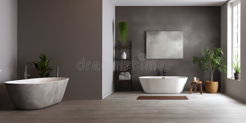 Gray Tile Bathroom Interior with Tub and Double Sink on Empty Space for ...