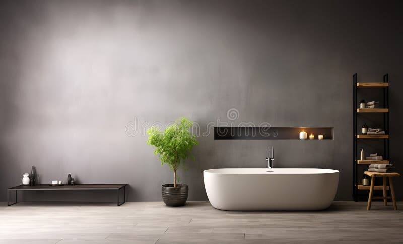 Gray Tile Bathroom Interior with Tub and Double Sink on Empty Space for ...