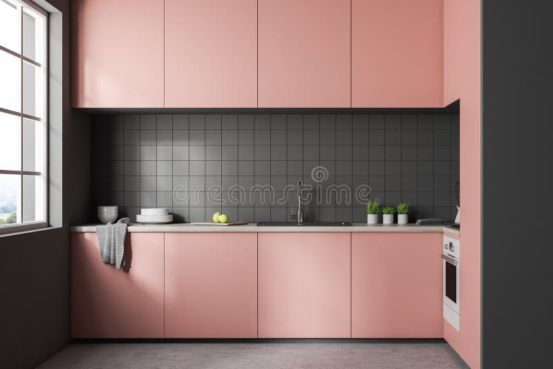 Gray Tile Kitchen Interior, Pink Countertops Stock Illustration ...