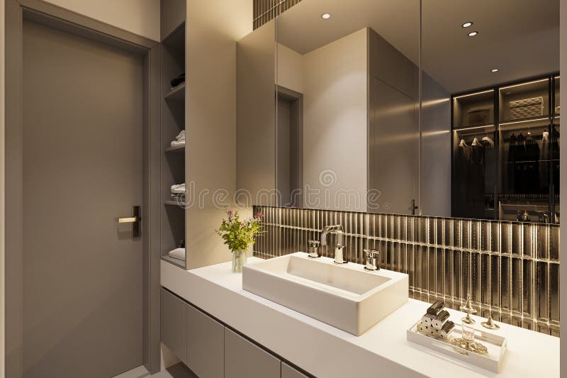 Gray Unit beside the White Sink and Wall Mirror, Vanity Arranged with ...