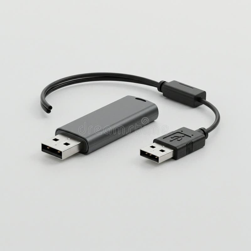 Gray USB Flash Drive Alongside a Black USB Cable, Both Positioned on a ...