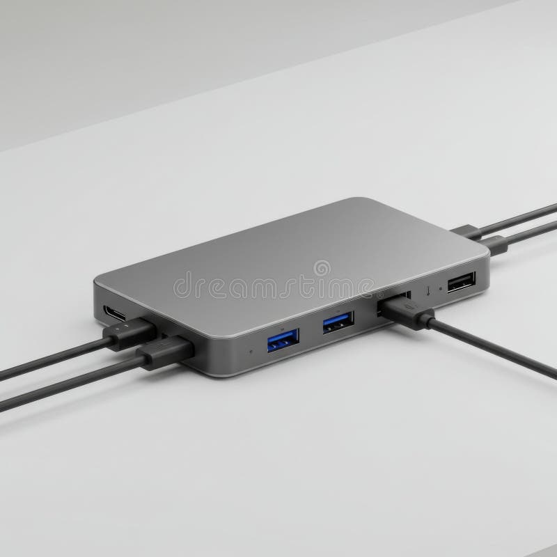 Gray USB Hub with Multiple Ports and Black Cables on a White Table ...