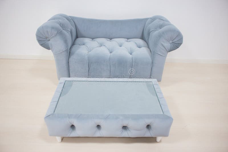 Gray Velvet Couch, Soft Sofa with a Coffee Table Stock Photo - Image of ...