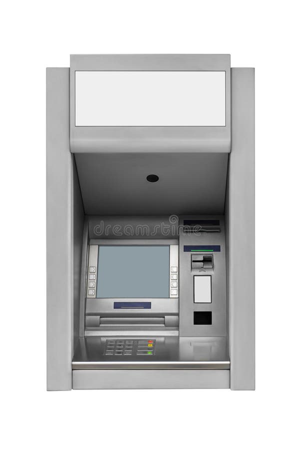 Gray Wall Mounted ATM Cash Machine with Blank Screen Isolated on White ...