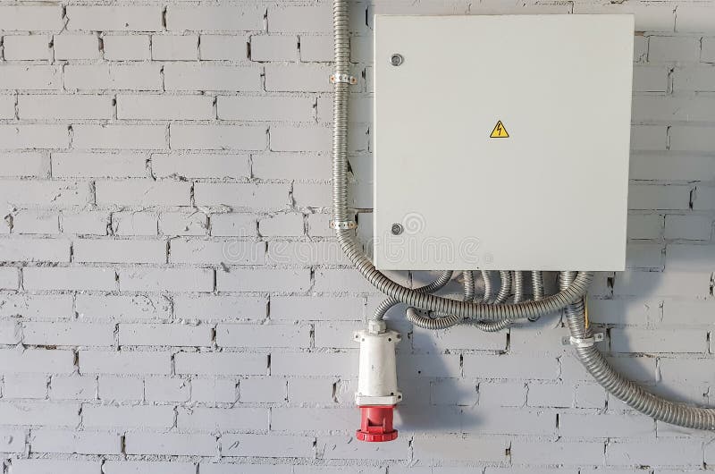 Gray Wall Mounted Power Supply, Electrical Panel, Danger Sign. Control ...