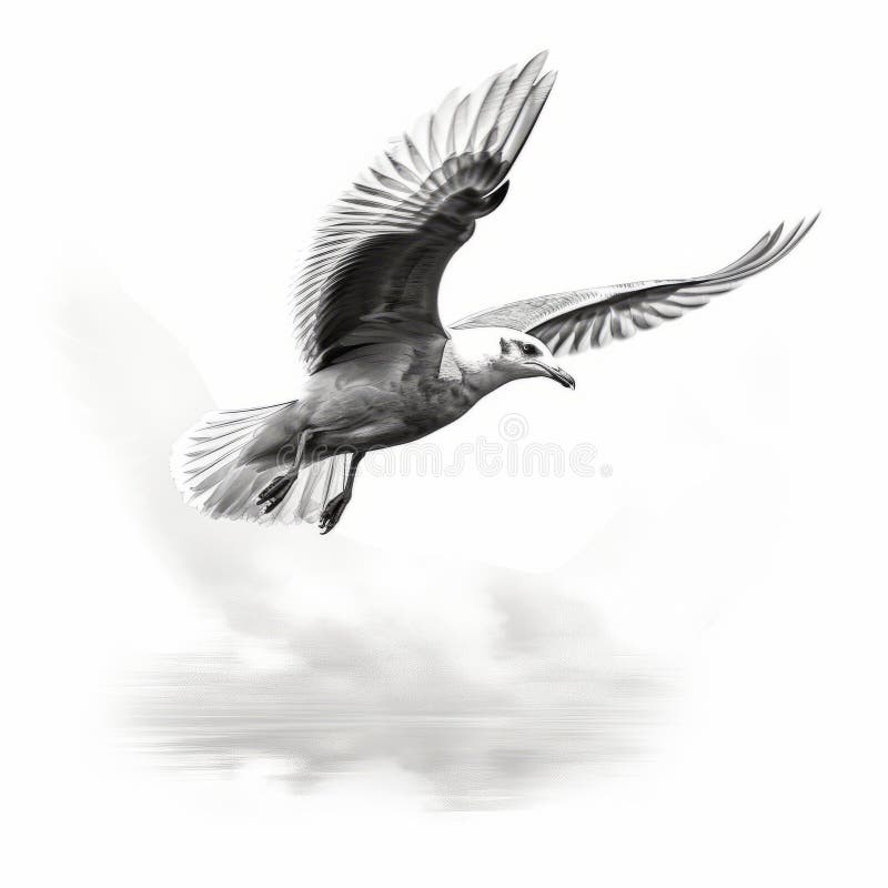 Monochromatic Ink Wash Illustration of Flying Seagull in Profile Stock ...