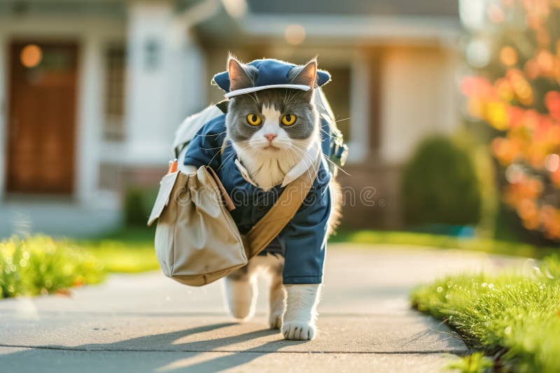 Gray and White Cat Dressed As a Postman with a Bag Walking on a ...