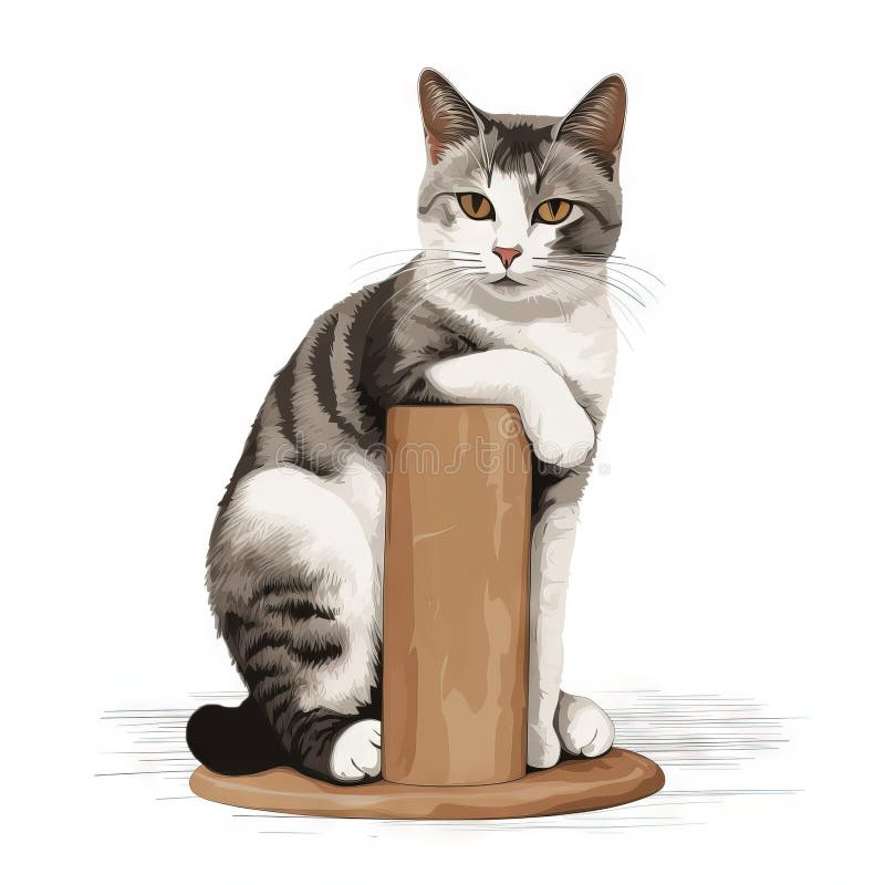 A Gray and White Cat Sitting on Top of a Wooden Post Stock Illustration ...