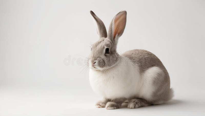 Gray and White Rabbit Sits on White Background, Looking To the Left ...