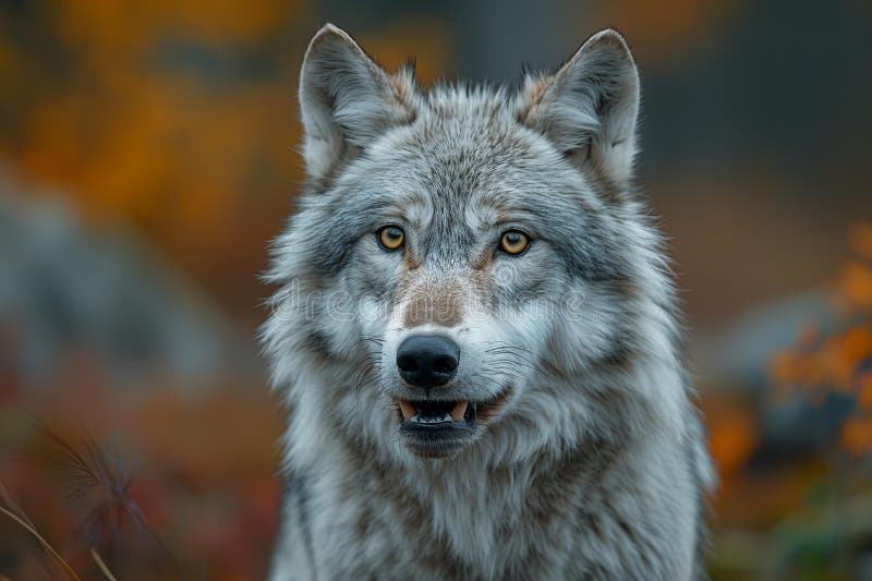 A Gray White Wolf with Open Mouth Stares at the Camera Stock ...