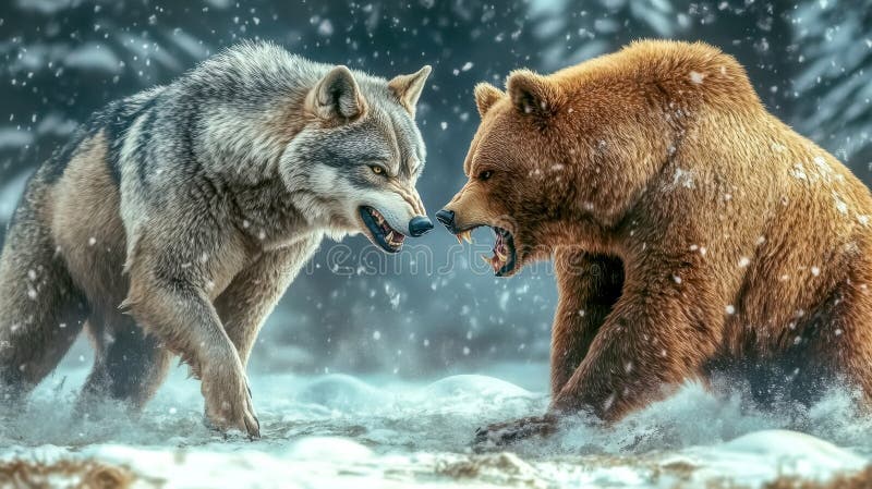 Wolf and Bear Facing Off in Snowy Forest during Snowfall Stock Image ...