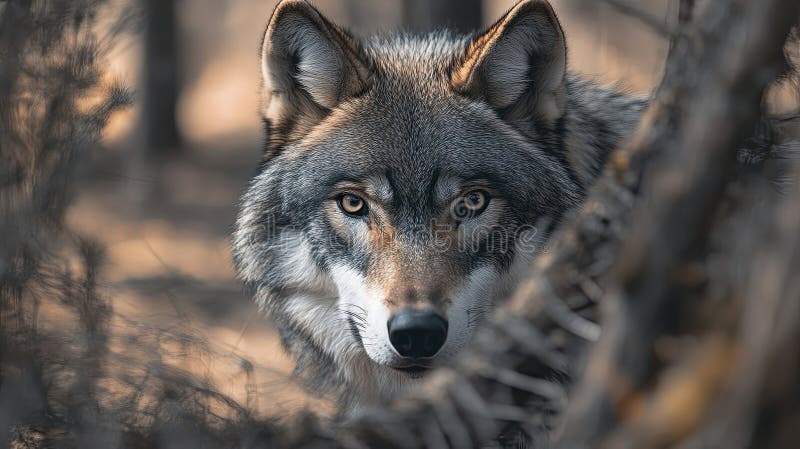 Gray Wolf Closeup Portrait in Forest Setting Stock Illustration ...