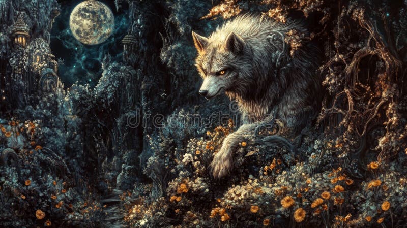 Gray Wolf in a Dark Forest at Night Under a Full Moon Stock ...