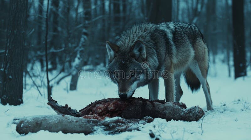 Gray Wolf Eating on Deer Carcass during Winter - Ai. Stock Illustration ...