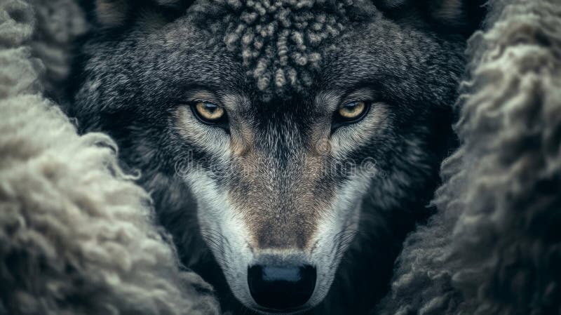 Gray Wolf Hidden among Sheep Close Up Stock Illustration - Illustration ...