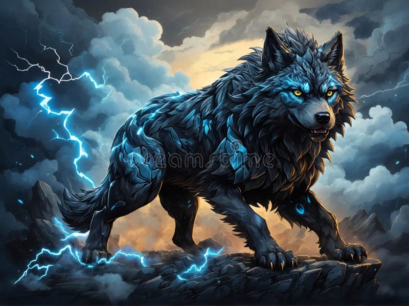 Gray Wolf Howling at Night in Storm Stock Illustration - Illustration ...