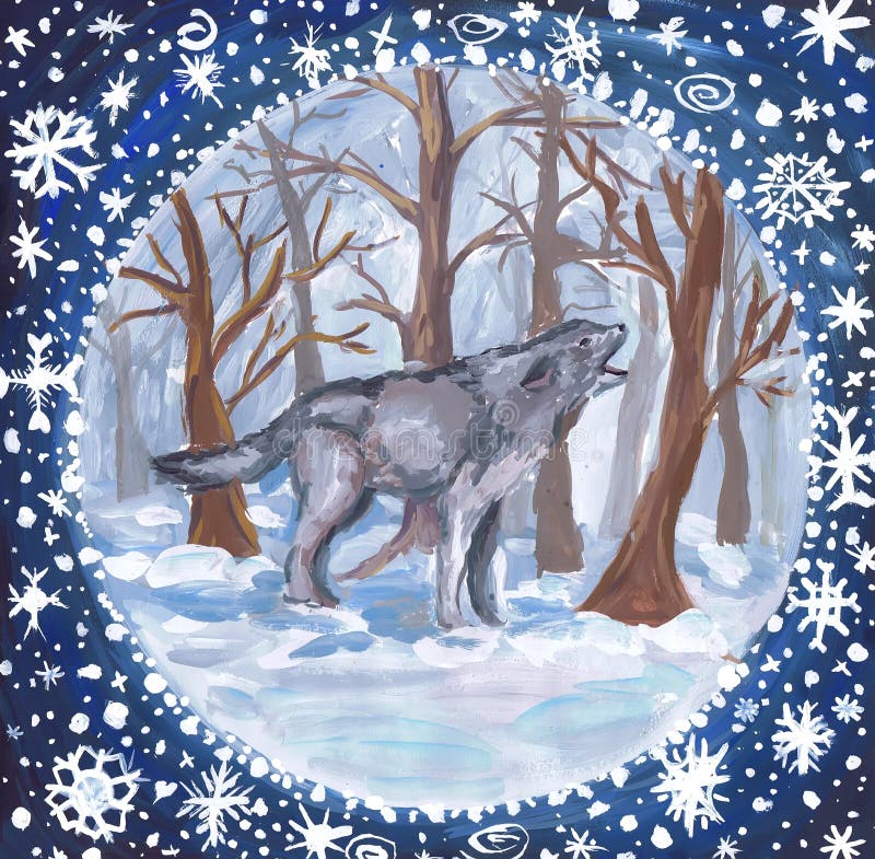 The Gray Wolf Howls in the Winter Forest. Children S Drawing in ...