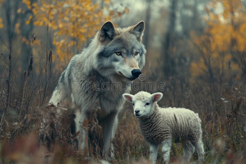 Gray Wolf and Lamb Standing Together in a Peaceful Scene in Autumn ...