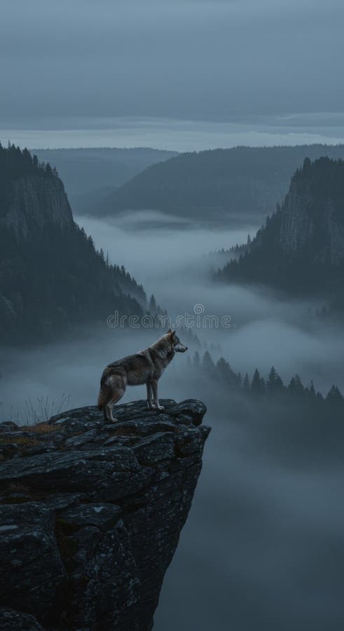 Gray Wolf on Mountaintop Cliff Overlooking Misty Valley Stock ...