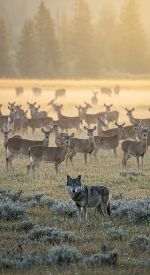 Gray Wolf Observing a Herd of Deer at Sunrise Stock Illustration ...