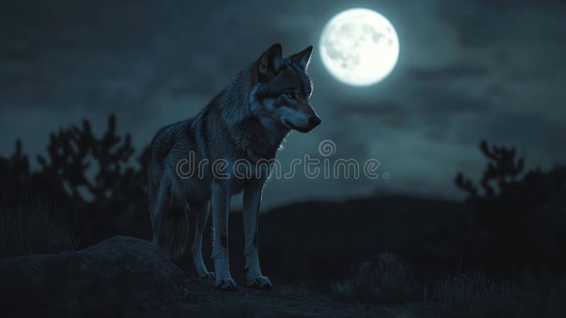 Gray Wolf Silhouette Under a Full Moon in a Desert Night Stock ...