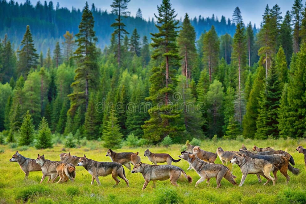 Gray Wolves Pack Running through Meadow, Forest Background Stock ...