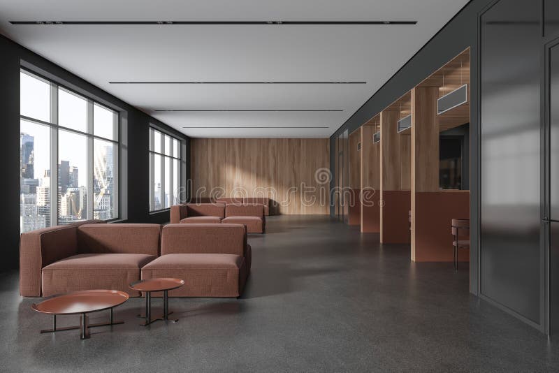 Gray and Wooden Bank Interior with Sofas Stock Illustration ...