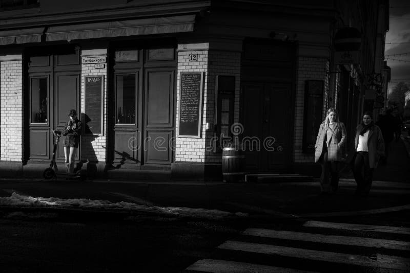 Grayscale of a Busy City Street Scene Editorial Photography - Image of ...