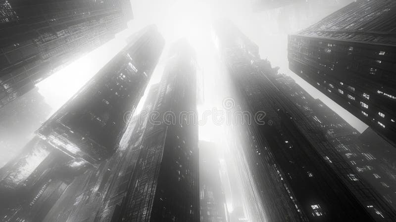 Grayscale Cityscape: Low Angle View of Skyscrapers Stock Illustration ...