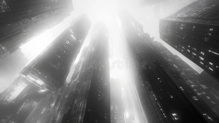 Grayscale Cityscape: Low Angle View of Skyscrapers Stock Illustration ...