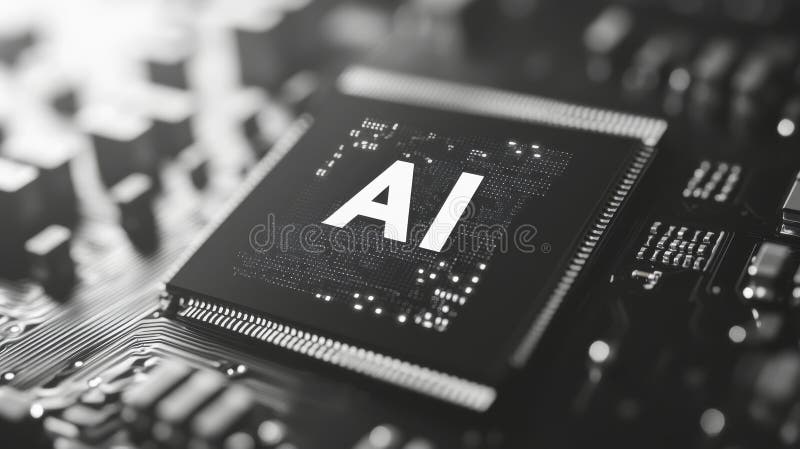 Grayscale Closeup of AI Microchip on Circuit Board Stock Illustration ...