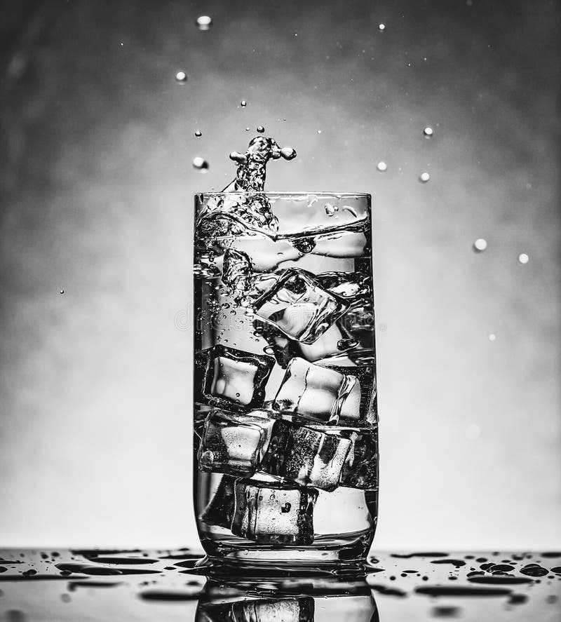 Grayscale Closeup of the Glass of Water with Ice Cubes. Stock Image ...